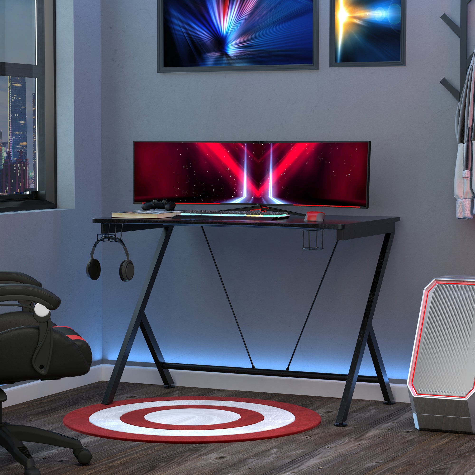 Gaming Desk Computer Table Metal Frame with Cup Holder, Headphone Hook ...