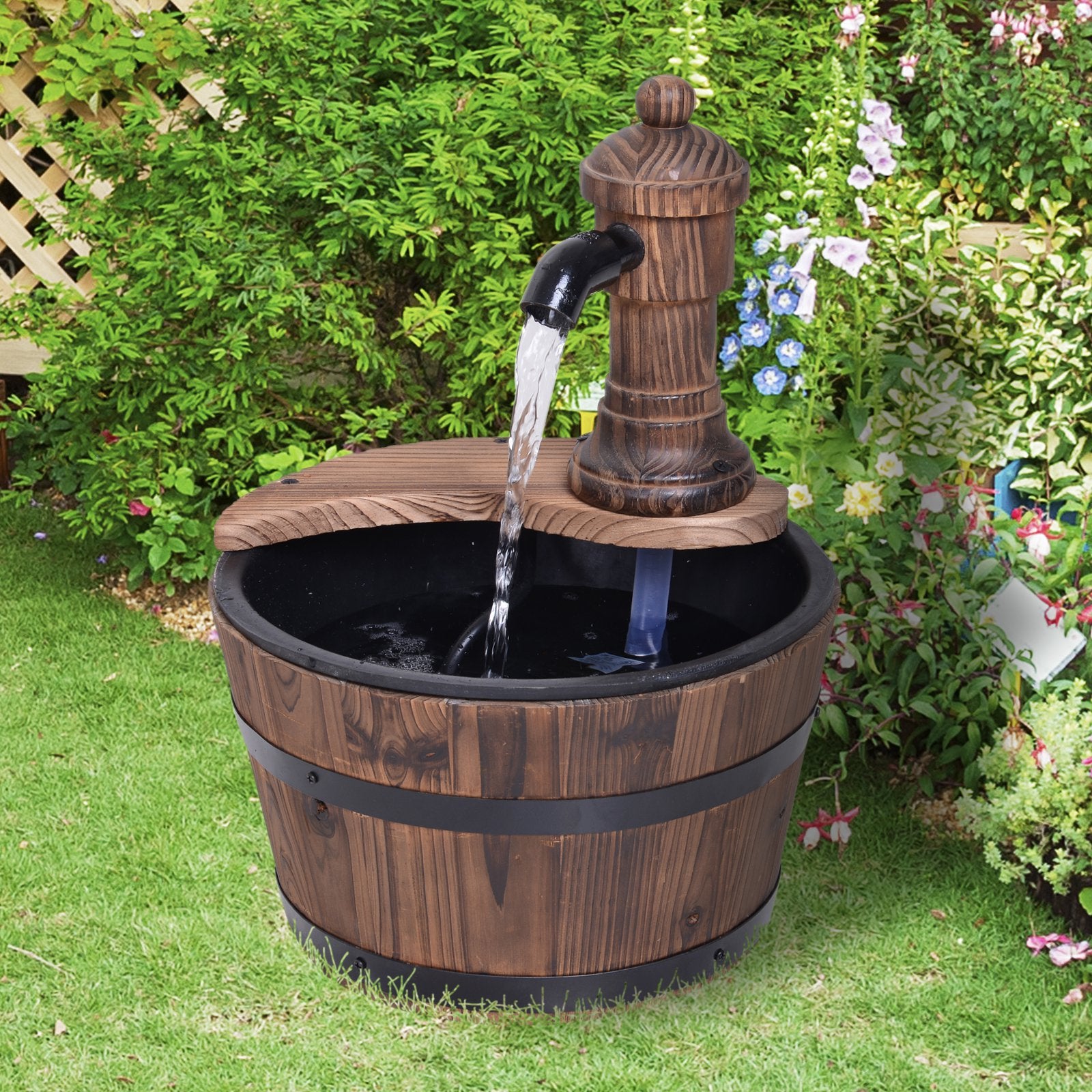 Outsunny Fir Wood Garden Water Features W/ Flower Planter, Φ27x37H cm ...